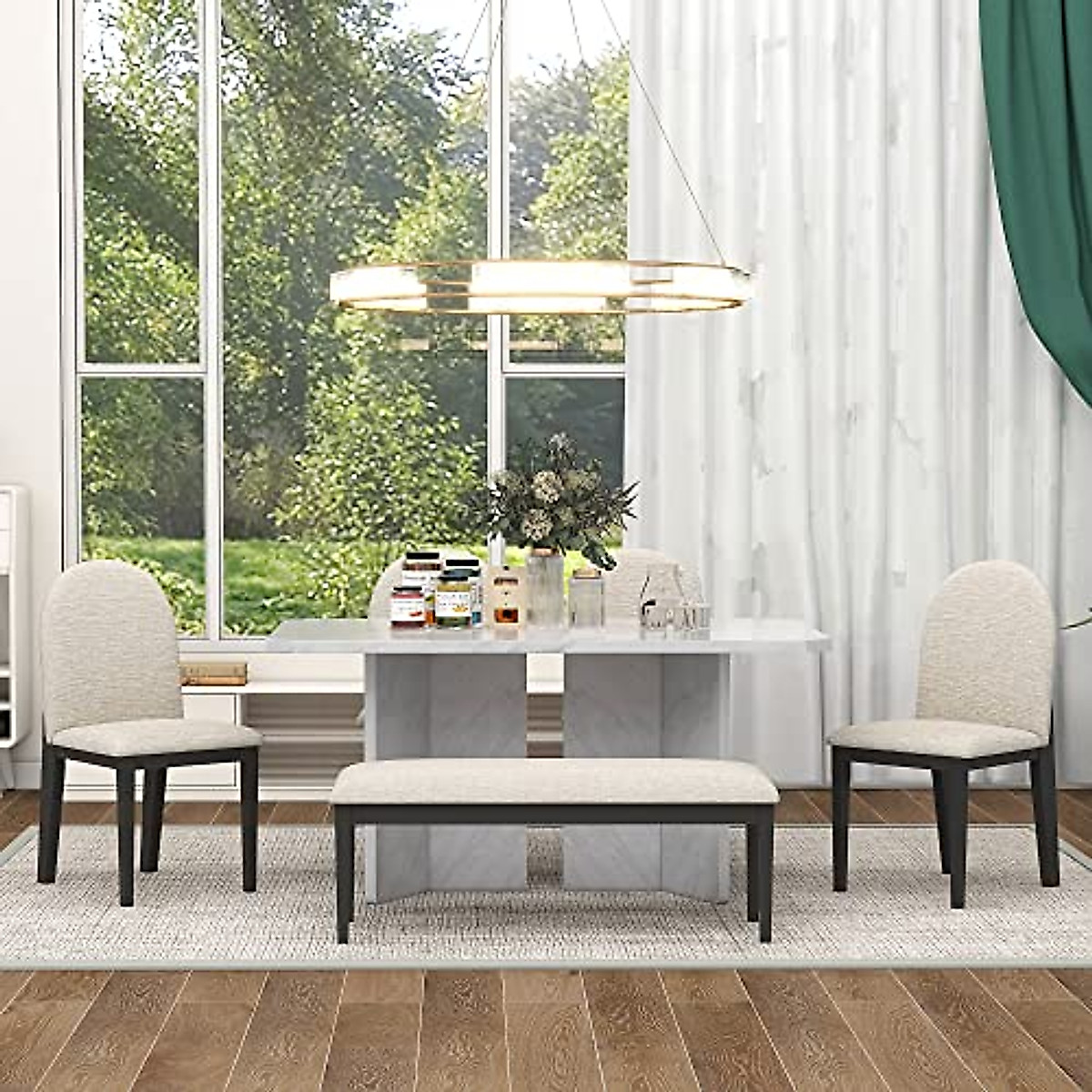 Goozio 6-Piece Dining Table Set, Modern Style Kitchen Dining Table Set with Faux Marble Table and 4 Upholstered Dining Chairs & 1 Bench, Dining Room Set for 6 Persons,White