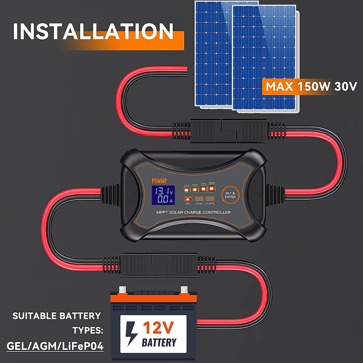 10A MPPT Solar Charge Controller 12V, PowMr 10 Amp 12 Volt Solar Panel Regulator with Digital LCD Display, Solar Intelligent Controller for 12V Lead-Acid, LiFePO4, Lithium Batteries