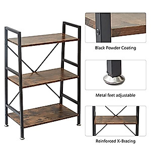 TooCust 3 Tier Bookshelf, 37" x 23" x 12.6", 3 Tier Bookcase, Small Bookshelf, Short Bookshelf, 3 Shelf Bookshelf, Vintage Standing Metal Frame Book Shelves, Rustic Brown