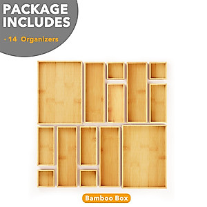 SpaceAid 14-Piece Bamboo Drawer Organizer Storage Boxes Set, Wood Tray Junk Drawer Organizers Multi-Use Divider Bins for Kitchen, Bathroom, Office Desk and Makeup Organization (14 Pack, Natural)