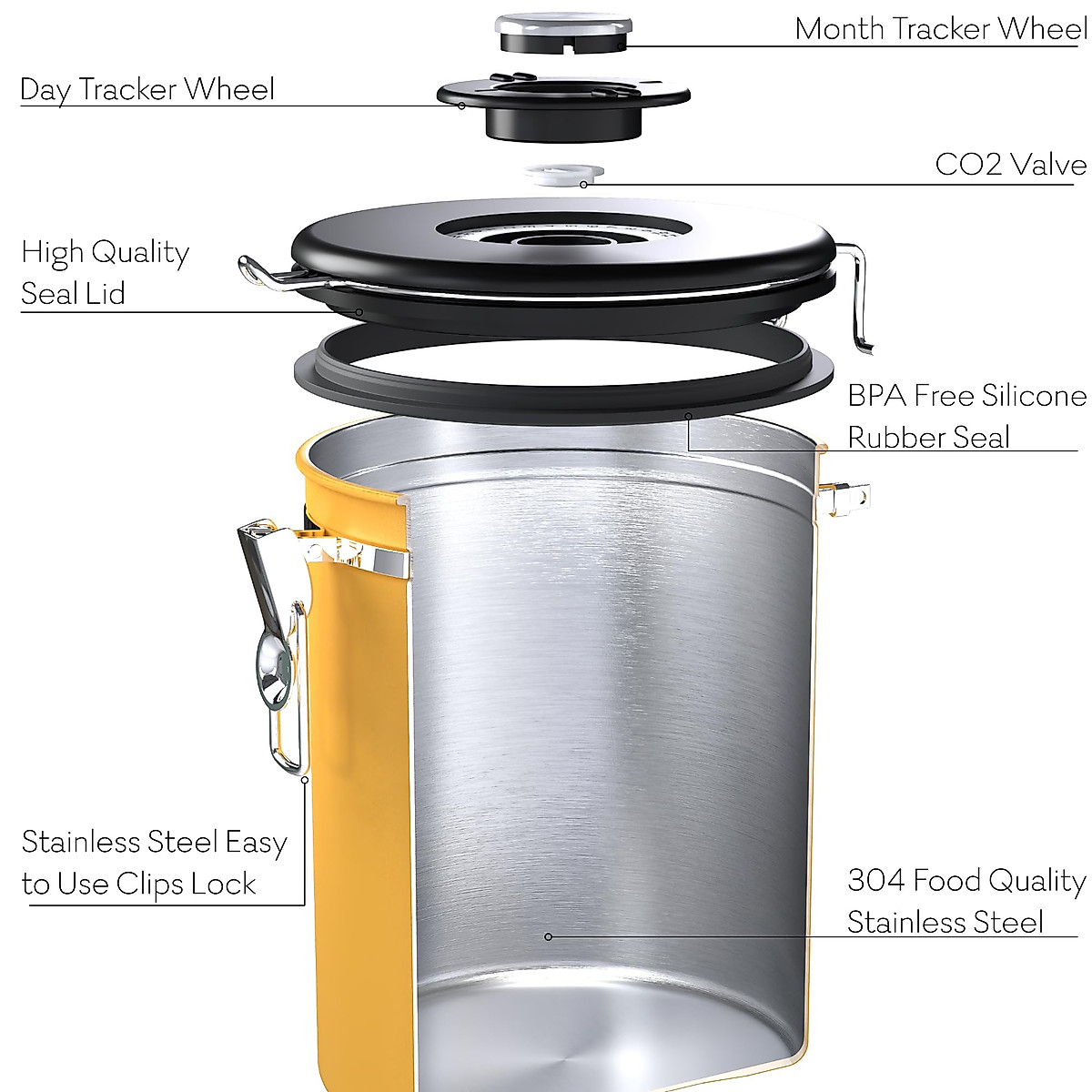 CafetastiQ 38oz / 22oz Coffee Canister – Airtight Stainless Steel Storage Container with Date Tracker & Scoop, Sealed Jar for Grounds, Beans, Tea, Flour, Cereal, and Sugar (Yellow Morning, 38OZ)