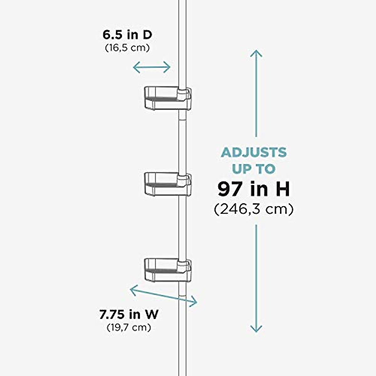 Zenna Home Tension Pole Shower Caddy, 3 Basket Shelves, Adjustable, 60 to 97 Inch, White
