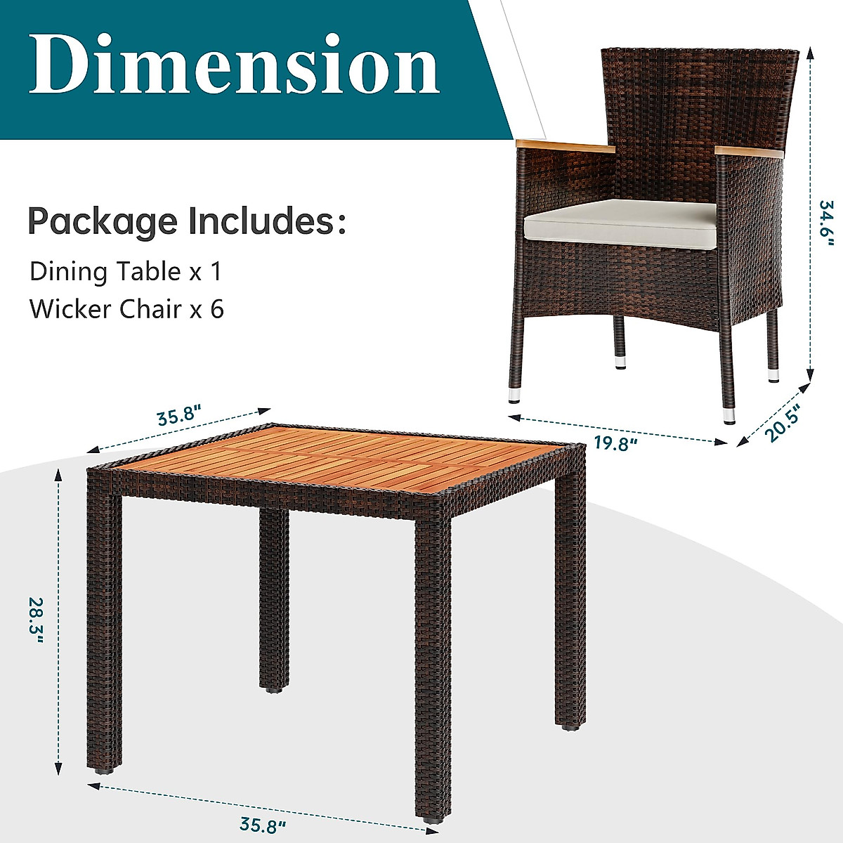 Shintenchi 5 Piece Patio Dining Set, Wicker Patio Conversation Set with Wood Table Top, Outdoor Table and Chairs with Soft Cushions for Backyard, Deck and Garden, Brown Rattan