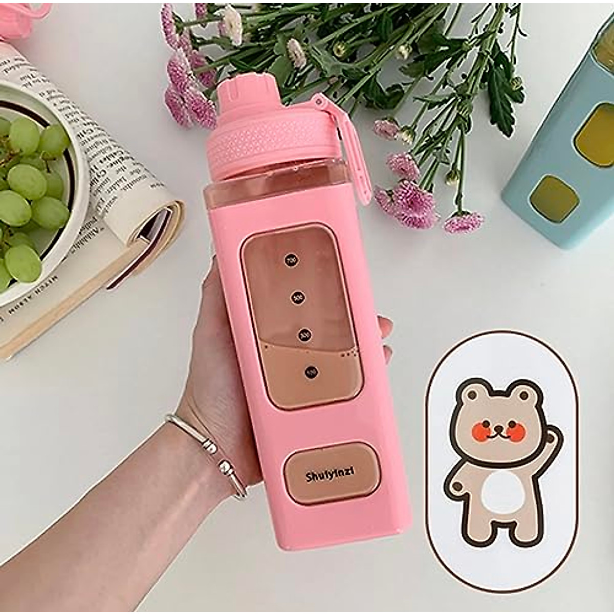 Kawaii Water Bottle With Straw And Sticker 23.6oz Cute For Kids Girls No Leak Large Sport Plasti Portable Square Drinking School Supplies, 02-Pink, 24