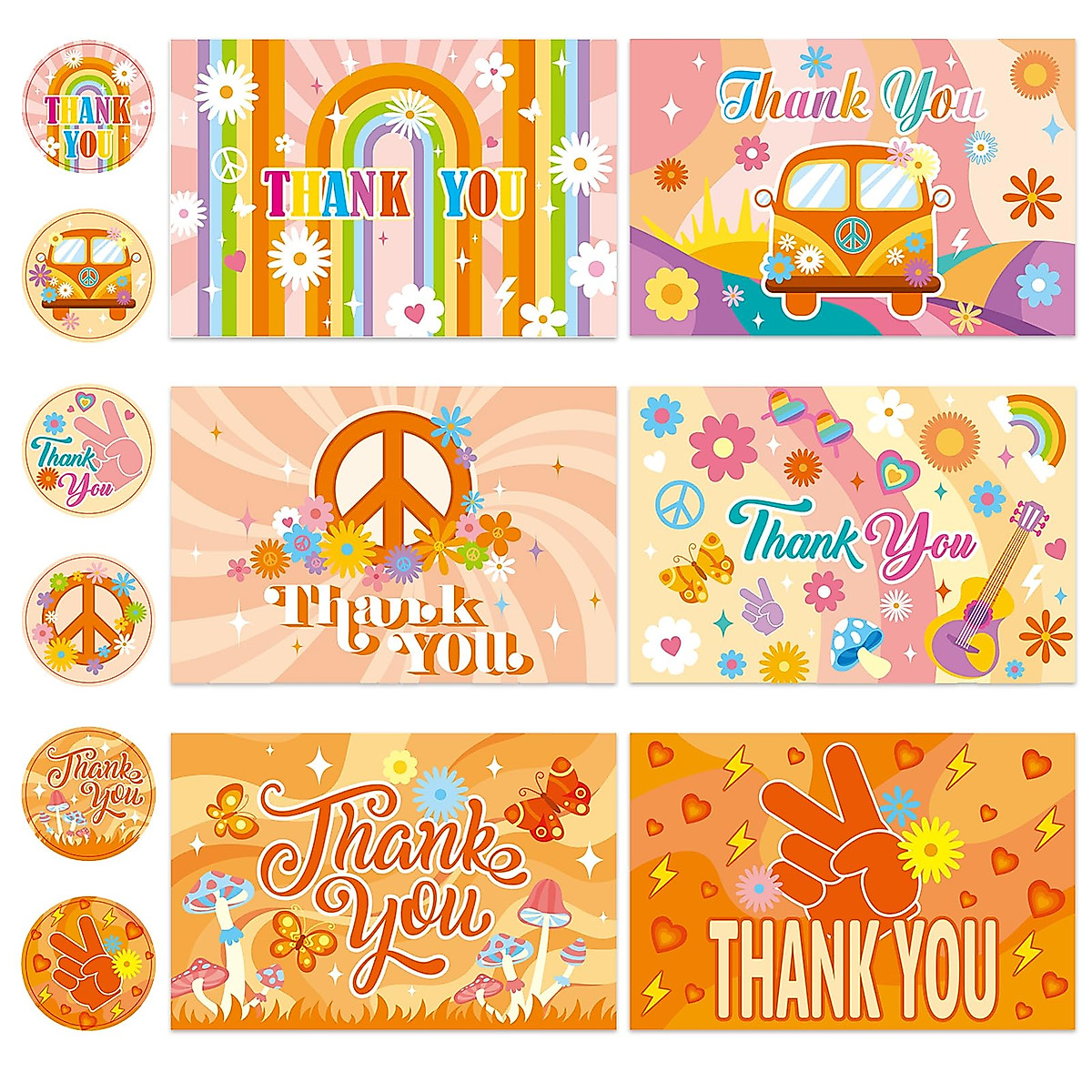 Qpout 24 Pack Groovy Retro Hippie Thank You Cards Boho Rainbow Flower Greeting Cards with White Envelops and Matching Sealing Stickers for Thanksgiving Birthday Thank You Theme Party Supplies