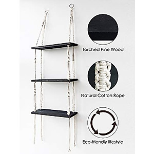 TIMEYARD Macrame Shelf Hanging Shelves, Wooden Wall Shelf with Woven Rope, Black Floating Shelves Storage Organizer, 3 Tier Shelf Boho Decor for Living Room, Bathroom, Bedroom