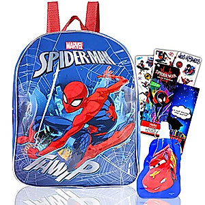Marvel Spiderman Backpack for Kids School - Bundle with Ultimate Spiderman Backpack, Water Pouch, Spiderverse Stickers and More (Superhero Backpacks for Boys)