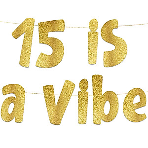 15 is a Vibe Gold Glitter Banner - 15th Birthday Party Supplies, Ideas, Gifts and Decorations