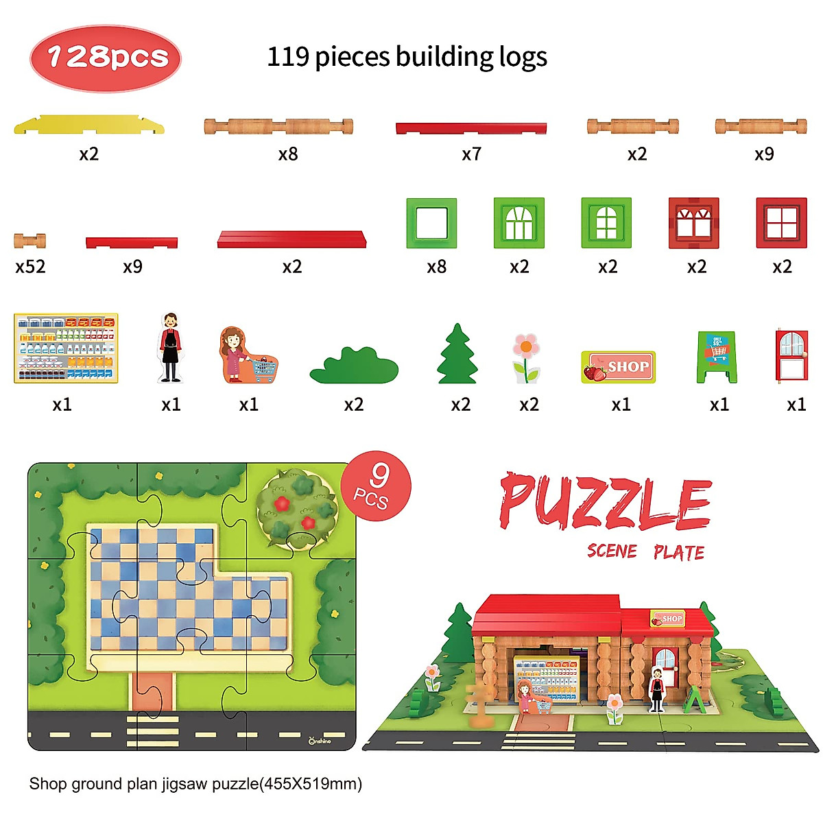 Wondertoys 239 Pieces Real Wood Logs Set Ages 3+, Classic Building Log Gift Set for Boys/Girls– Creative Construction Engineering - Top Blocks Game Kit - Preschool Education Toy