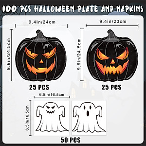 100 PCS Halloween Paper Plates and Napkins Black Pumpkin Orange Plates for Halloween Party Supplies Halloween Birthday Party Decorations