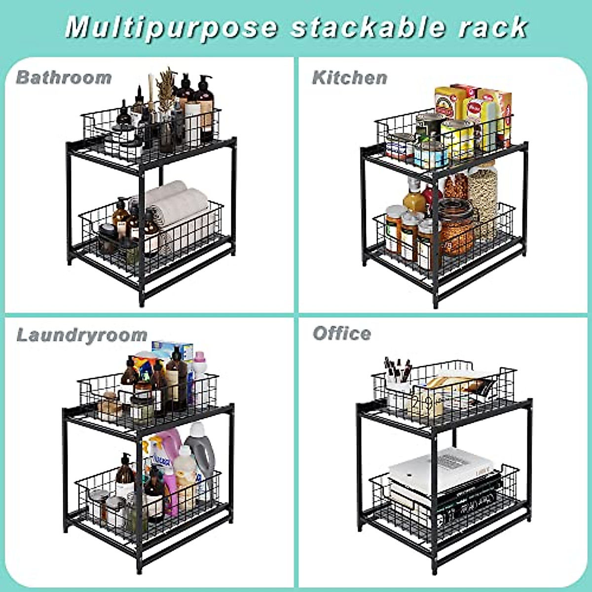 Under Sink Organizer,Stackable Bathroom Cabinet Organizer and Storage,2 Tier Slide Out Cabinet Storage Shelves,Multi-Use Under Kitchen Sink Organizers and Storage With Basket Positioning(Black)