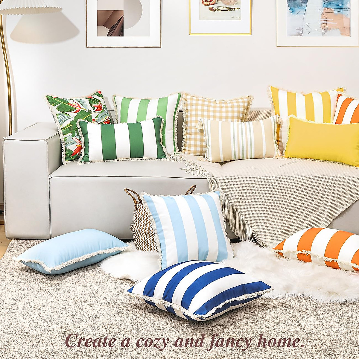 Lewondr Outdoor Throw Pillow Covers 12×20&18×18 Inch, Waterproof Throw Pillow Cases with Fringe, Striped Decorative Outdoor Cushion Covers for Garden, Patio, Couch, Balcony, 2 Pack, Beige