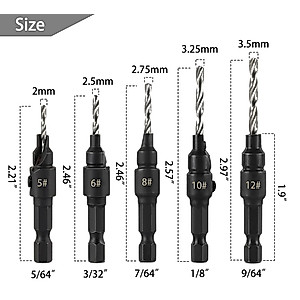 Saipe 5pcs Wood Countersink Drill Bit Set Hex Shank Quick Change Counter Sinker Pre Hole Drill Bit Set Screw Counterbore Bit Pilot Bit Set #5, 6, 8, 10, 12 for Woodworking and Carpentry