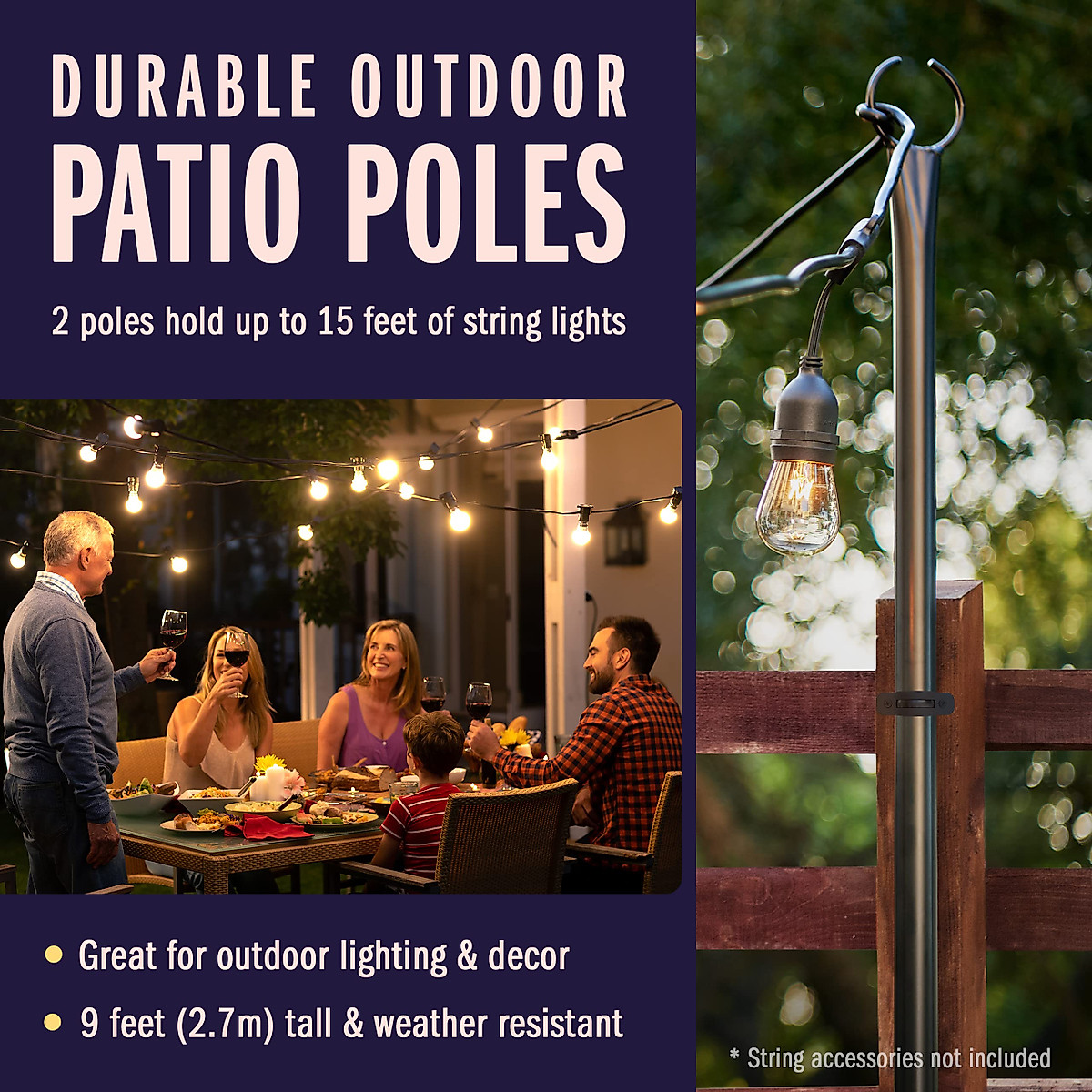 Holiday Styling String Light Poles w/Hooks for Outdoor String Lighting , Metal - Patio Light Accessories Ideal for Backyard, Weddings, and Parties