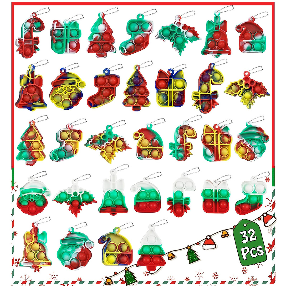 MEZHOBBY 32Pcs Christmas Mini Pop Keychain, Fidget Toys Bulk for Party Favors Supplies, Goodies Bag Stuffers Bulk, Xmas Gift for Kids, Boys, Girls