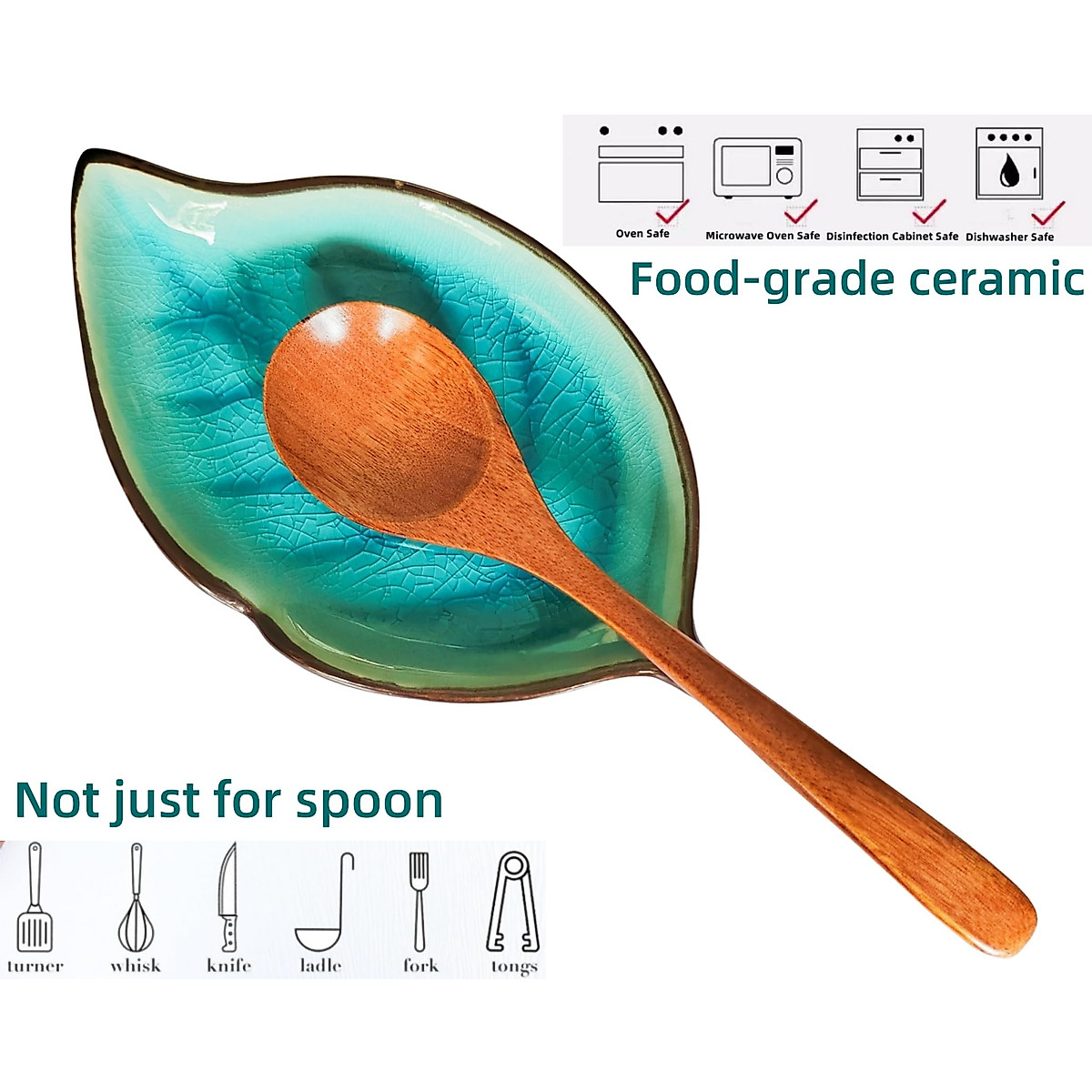 Ceramic Spoon Rest for Stove Top, Ice Cracks Leaf Cute Spoon Rest for Kitchen Counter, Cooking Spoon Holder for Kitchen Counter, Utensil Rest Spatula Rest Ladle Holder Tong Rest, 1 PC (A, Lake Blue)