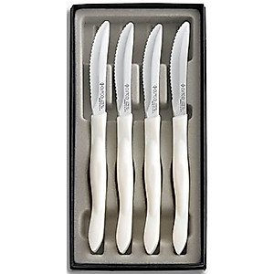 CUTCO #1865 set of 4 White (Pearl) Model 1759 Table Knives, each in a factory sealed plastic bag, inside attractive blue CUTCO box..............3.8" Double-D® serrated 440A High-Carbon, Stainless Steel blades and 5" handles