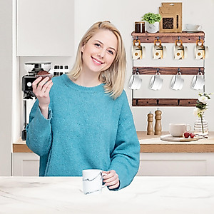 simesove Coffee Cup Holder, Coffee Mug Rack Wall Mounted, 3 Tier Rustic Wood Cups Rack with 12 Hooks and Top Storage Shelf, for Kitchen Display and Coffee Station, Brown