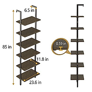 Wolawu Ladder Shelf Black 6 Tiers Modern Bookshelf Room Organizer Open Tall Wall Mount Bookcase Standing Leaning Wall Shelves Industrial Decorative Living Room Bed Room