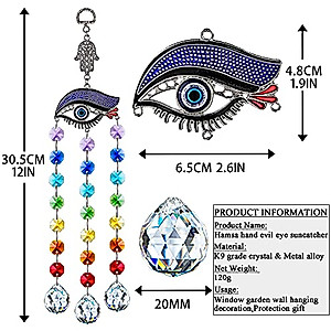 Hanging Crystals Suncatcher Ornament with Hamsa Hand Evil Eye Charm Pendant Stained Glass Beads for Window Garden Decoration