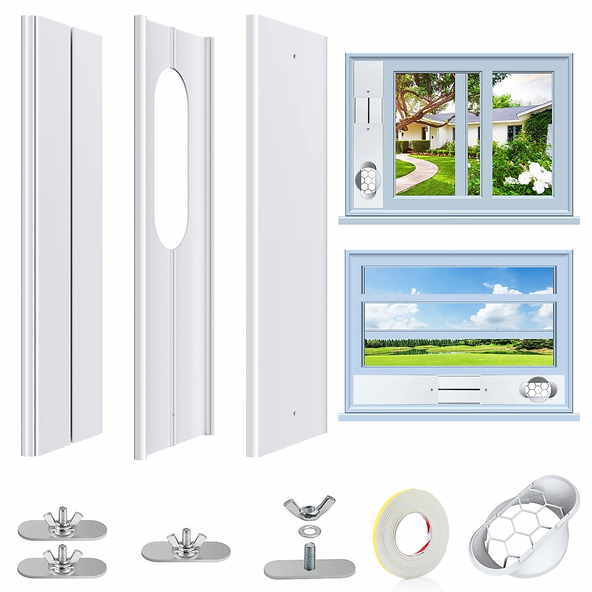 Portable AC Window Seal Kit with 5.1" Coupler, Lafinynp Adjustable Air Conditioner Window Vent Kit for AC Unit, Sliding AC Plates Kits for 17-47" Vertical/Horizontal Window and 5.1" Hose(3Pc)