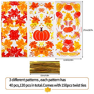 DIYASY Fall Cellophane Treat Bags,120 Pcs Autumn Maple Leaves Pumpkin Candy Bags with Twist Ties for Thanksgiving Party Favor and Holiday Goodies Wrapping