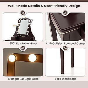 CHARMAID Makeup Vanity Desk with Lighted Mirror, 3 Color Lighting Modes, Adjustable Brightness, 3 Drawers, Removable Dividers, Bedroom Dressing Table Vanity Set with Stool for Girls Gift (Espresso)