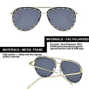 BVAGSS Women Rimless Oversized Studded Sunglasses Gradient Color Lens Rivet Fashion Lightweight Design WS027 (Gold Frame, Gray)