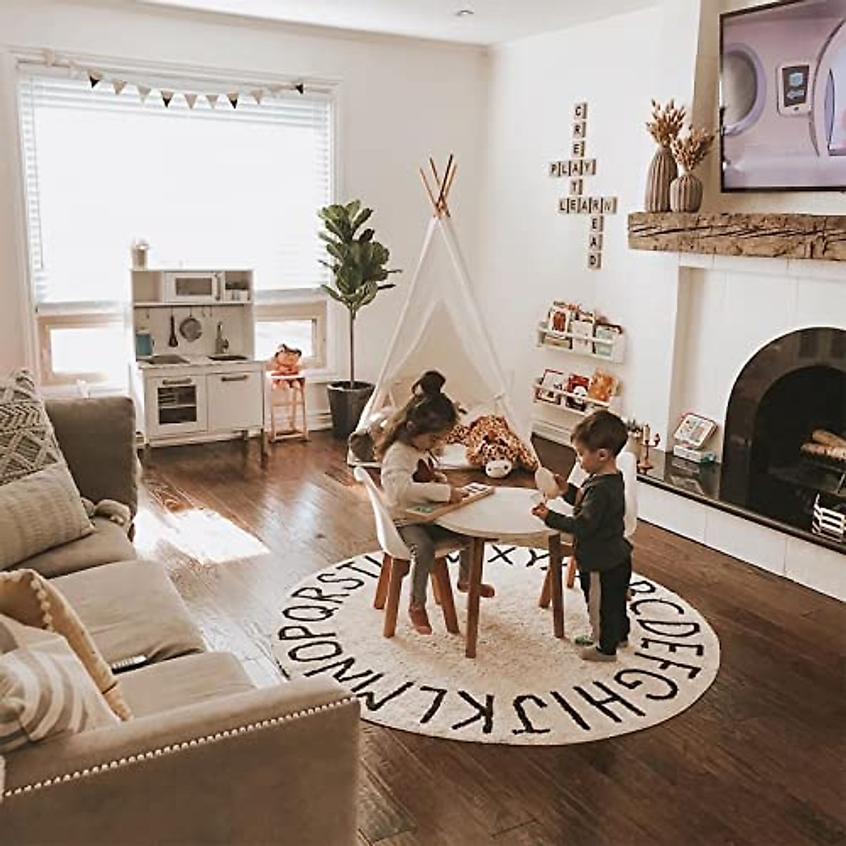 ABC Rug for Kids Room Circle Alphabet Nursery Rug for Baby Boy and Girl - Round Neutral Toddler Playroom Rug, Letter Learning Carpet(47", Black White)