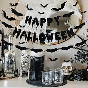 Black Glitter Happy Halloween Banner and Bat Halloween Garland Bat Wall Decals, Happy Halloween Party Decorations Halloween Party Banner for Haunted Houses Home Indoor Mantle Decor