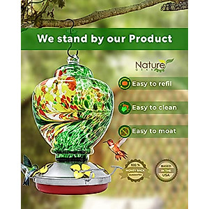 Hummingbird Feeder for Hanging Outside - Stunning Hand Paint Blown Glass - All Weather Guard and Ant and Bee Proof - New Modern Perky Sealer for No Leak Parts - Free Extra Accessories (Emerald Green)