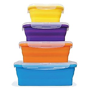 Flat Stacks Collapsible Storage Containers | Set of 4 Rectangle Silicone Food Storage Containers | BPA Free | BPS Free | Dishwasher, Freezer, and Microwave Safe | Save Space in your Container Drawer!