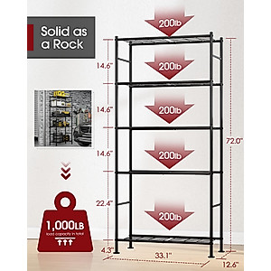 Sakugi Storage Shelves - 5 Tier Shelf Organizer, Heavy Duty Garage Shelving Unit with Leveling Feet, Stable Metal Shelves Organizer for Pantry, Kitchen and Closet, 33.1" W X 12.6" D X 72.0" H, Black