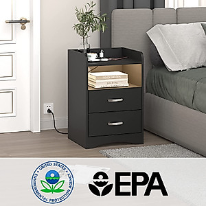 HOSEOKA Nightstand with Charging Station and LED Lights, Modern Nightstands End Table with 2 Drawers with USB Ports Bedside Tables for Office Living Room Bedroom (Black)