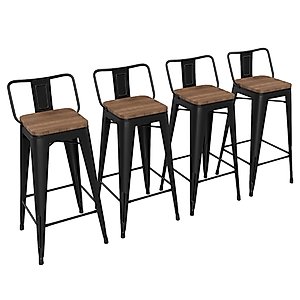 Yongchuang 30 inch Bar Stools Set of 4 Bar Height Metal Barstools with Wood Seat Low Back Kitchen Bar Chairs Matte Black