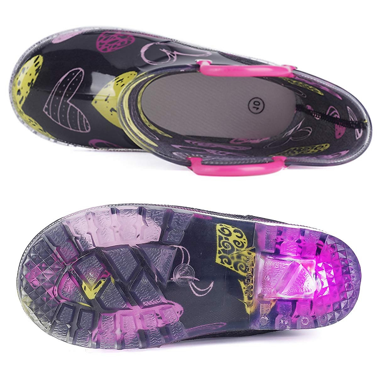 HugRain kids Girls Rain Boots Toddler Light Up Printed Waterproof Shoes Lightweight Adorable Cute Pink Heart Rubber with Easy-On Handles and Insole (Size 3,Black)