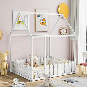 Full Size Wood Bed House Bed Frame with Fence, Cabin Bed, Floor Bed, Nursery Furniture, Kids Tent Bed Play Tent (White Full Size)