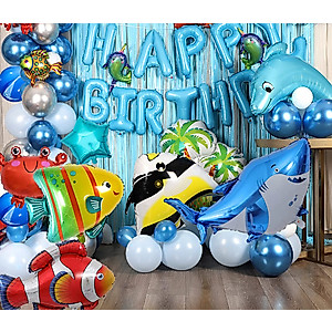 YinQin 176 PCS Ocean Blue Happy Birthday Party Balloons with Pump Under Sea Fish Birthday Balloons Decorations Baby Shark Happy Birthday Balloons Set Blue Sea Happy Birthday Party Supplies for Kid
