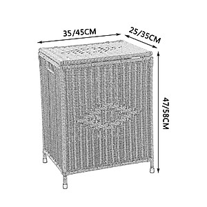 DIIDIIF Shelf Square Laundry Basket With 4 Legs, Handwoven Laundry Hamper With Lid, Metal Skeleton, Imitation Rattan Storage Basket With 2 Handles, 45X35X58cm