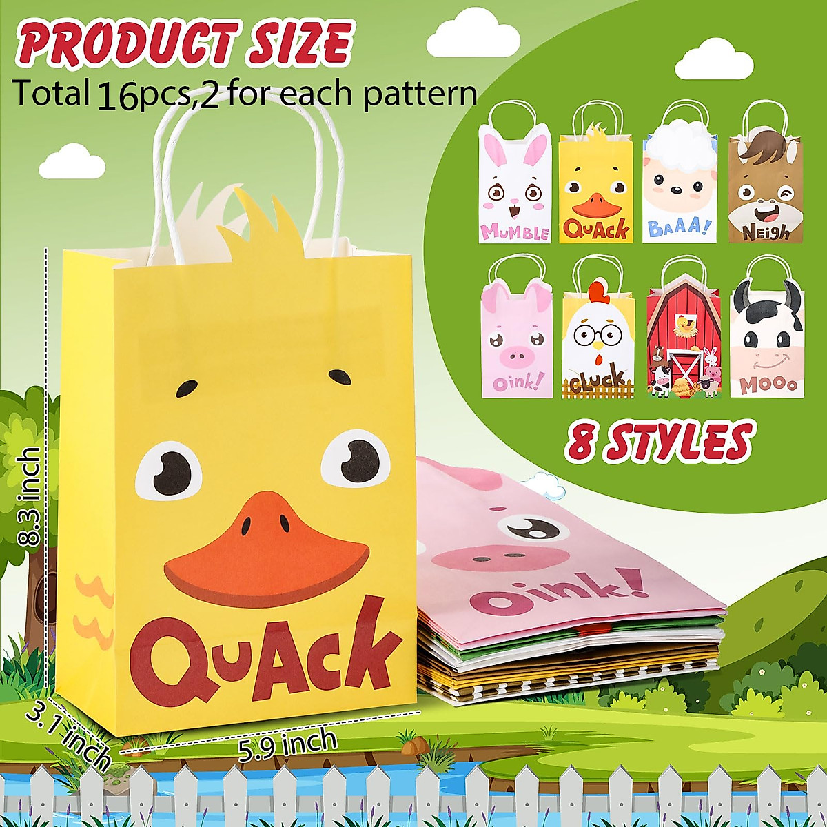 Tallew Farm Animal Party Favor Bags with Handles, Barnyard Birthday Gift Treat Goody Bags Kraft Paper Candy Gift Bag for Kids