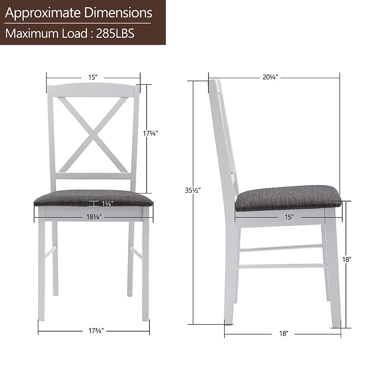 DUHOME Dining Chairs Set of 2 Wood Dining Room Chair with Cross Back, Kitchen Room Chair Side Chair, White Base with Grey Cushion