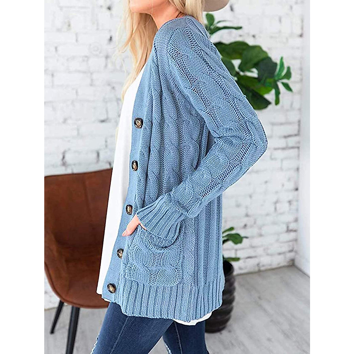 PRETTYGARDEN Women's Open Front Cardigan Sweaters Fashion Button Down Cable Knit Chunky Outwear Coats (Blue,Small)