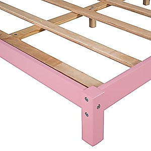 LostCat Full Size Wood Platform Bed with House-Shaped Headboard, Floor Bed with Solid Wood Slats, Full Size Kids House Platform Bed Wood Bed Frames for Boys,Girls, No Box Spring Needed, Pink