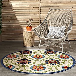 Nourison Aloha Indoor/Outdoor Blue/Multicolor 4' x ROUND Area -Rug, Easy -Cleaning, Non Shedding, Bed Room, Living Room, Dining Room, Deck, Backyard, Patio (4 Round)