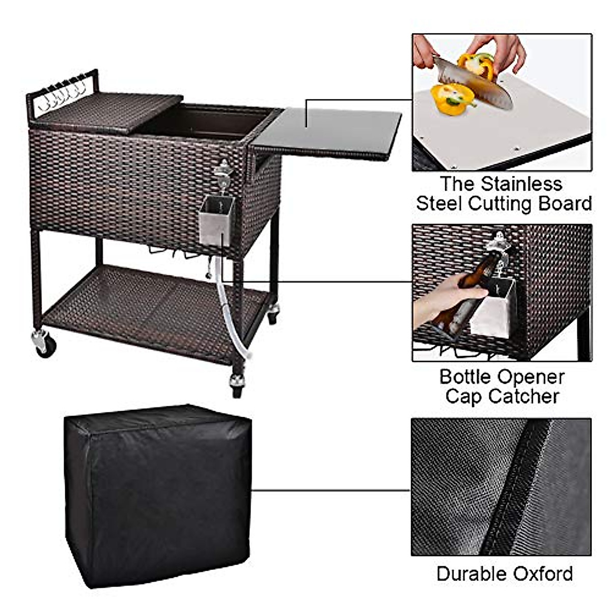 HOSFO 80 Quart Outdoor Rolling Patio Cooler Cart on Wheels, Portable Wicker Ice Chest, Rattan Beverage Bar for Patio Deck Party, Drink Cooler Cart with Bottle Opener, Cutting Board, Cover (Brown)