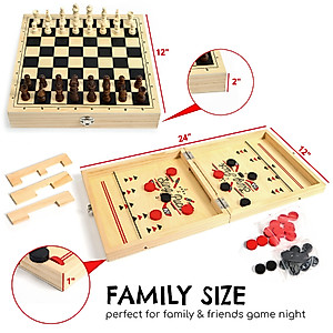 LARGE 4 in 1 Chess Board Set, Sling Puck Game, Checkers, Tic Tac Toe - Wooden Hockey, Table Games for Family Games, Kids, Adults - 59 pc. Set Super Board Games Fast Sling Hockey Table Game