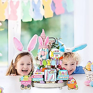 13 Pcs Easter Tiered Tray Decor Set Happy Easter Wooden Sign Gnome Plush Easter Egg Bunny Table Decor for Rustic Farmhouse Home Spring Easter Decorations