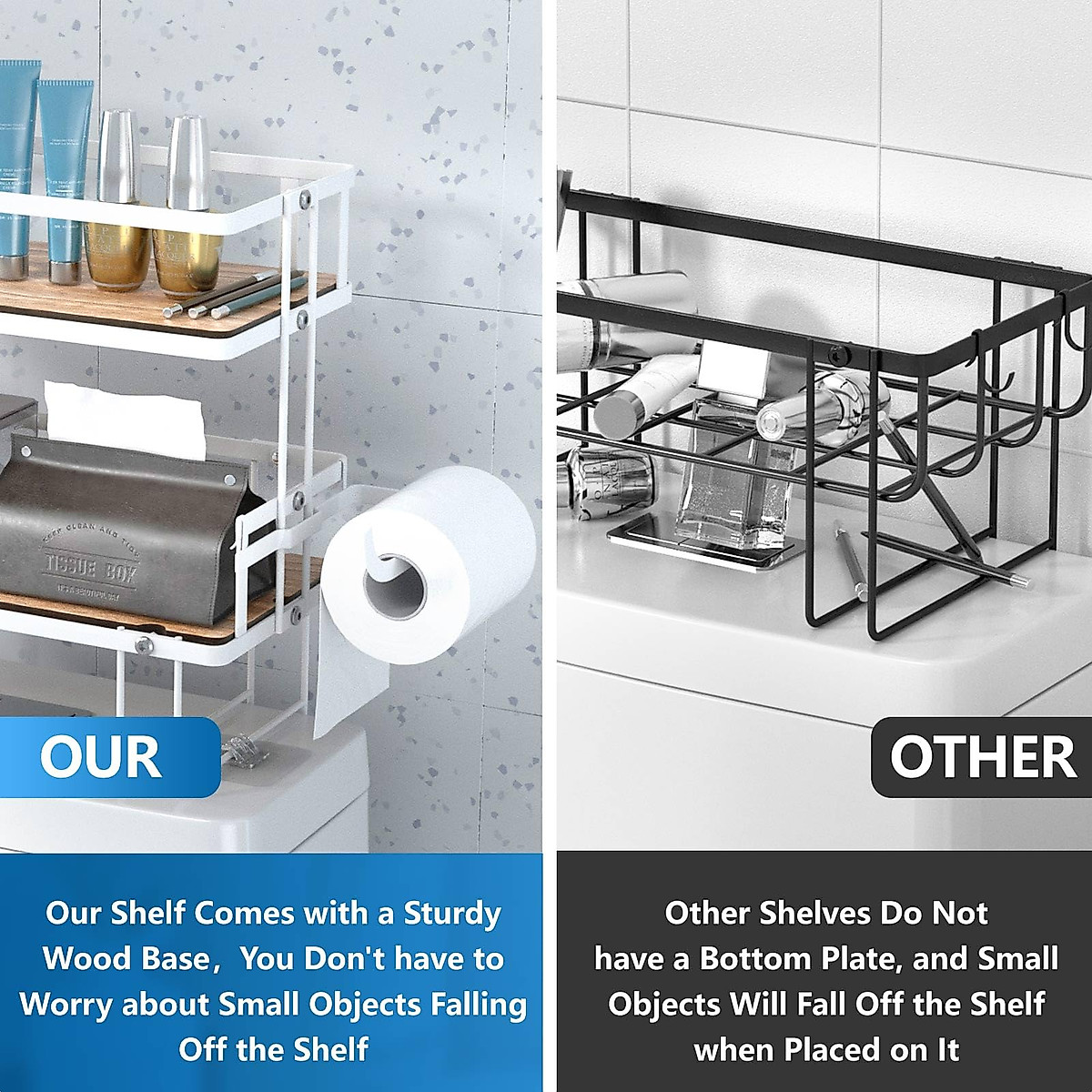 Lorbro Over The Toilet Storage, Over Toilet Shelf Organizer with Wooden Bottom Plate & Adhesive Base, 2-Tier Over Toilet Bathroom Organizer for Paper Towels Holder Shampoos, White