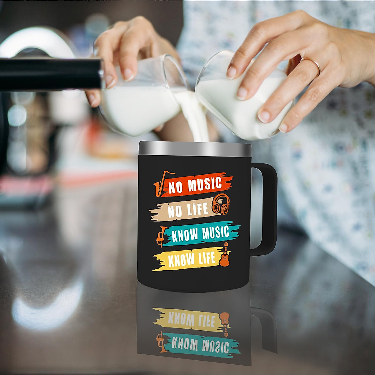 WFSJRED Theater Gifts 12 oz Insulated Mug for Coffee Mug with Leak-Resistant closeable hot lid for hot Drinks with Handle Broadway Gifts for Musicians (NO MUSIC)