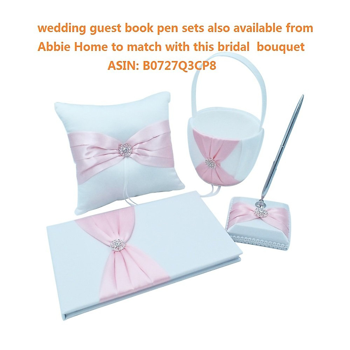 Abbie Home 8 Inches Bride Wedding Bouquet - Satin Roses with Pearls Rhinestone Brooches Accessories (Blush Pink & Creamy White)